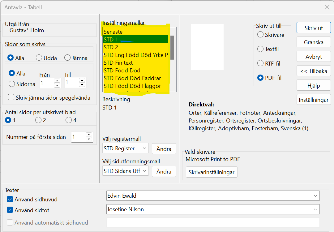 Inställningsmallar för utskrifter i Disgen | DIS